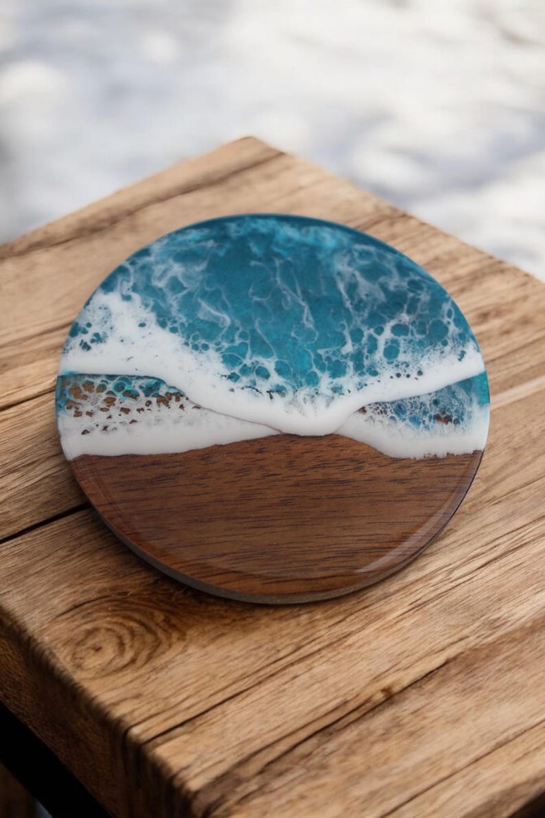 Personalized Beach Resin Coasters: Handmade Ocean Wave Wood Decor - Etsy