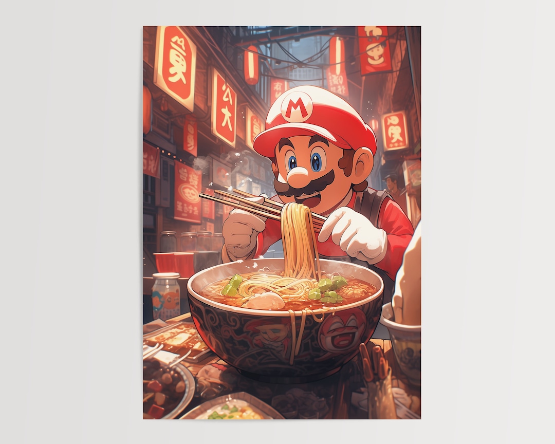 Mario Enjoying Ramen Super Mario Gaming Poster Anime Poster Digital ...