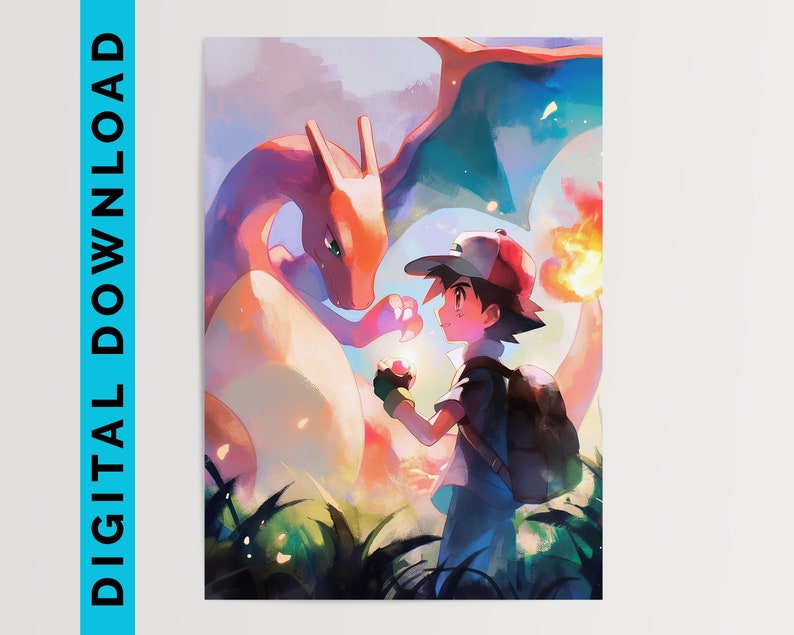 Ash and Charizard Pokémon Style Art Printable Wall Art Digital Download ...