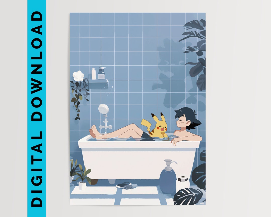 Ash & Pikachu bathtub Series Pokémon Style Art Printable Wall Art ...