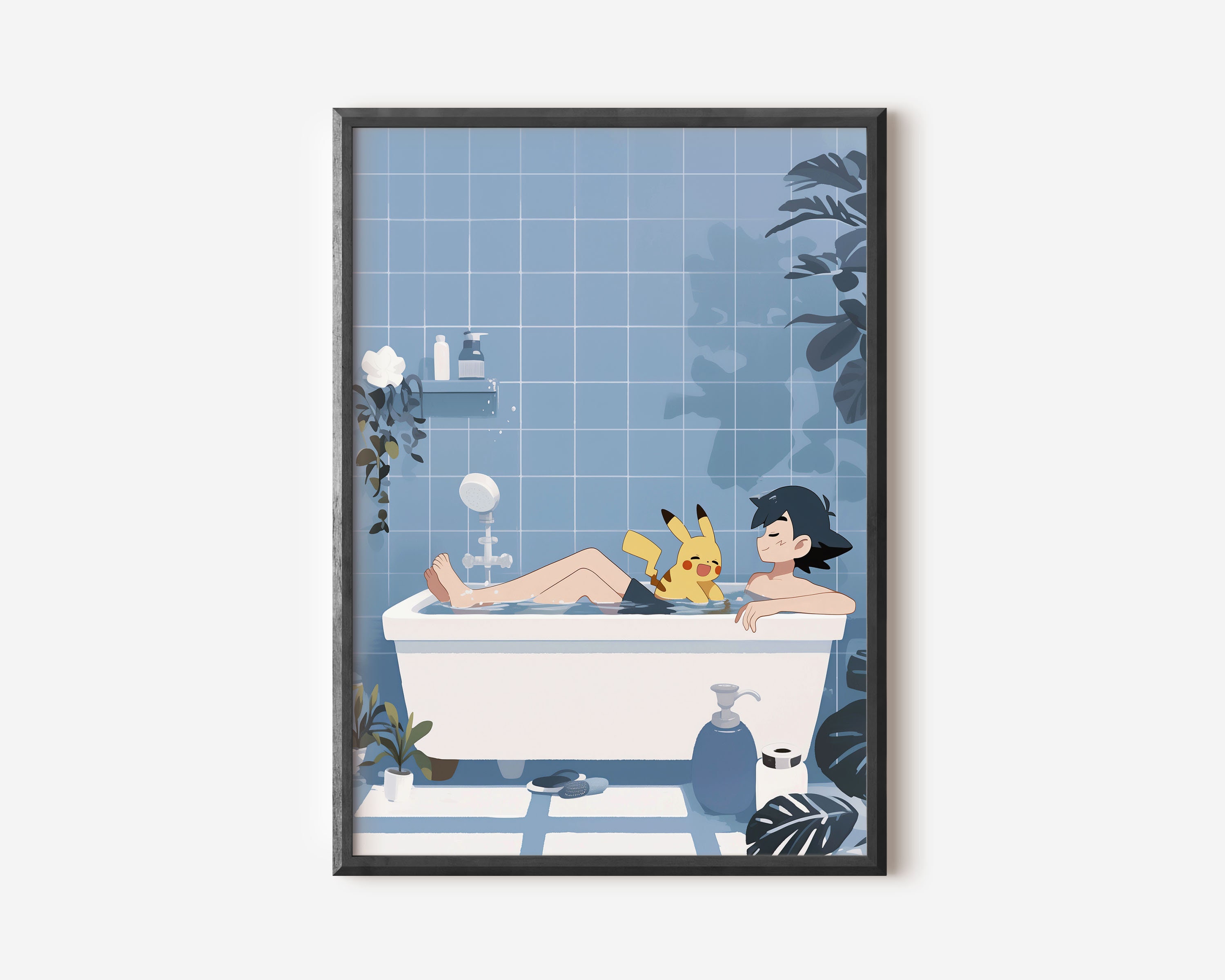 Ash & Pikachu bathtub Series Pokémon Style Art Printable Wall Art ...