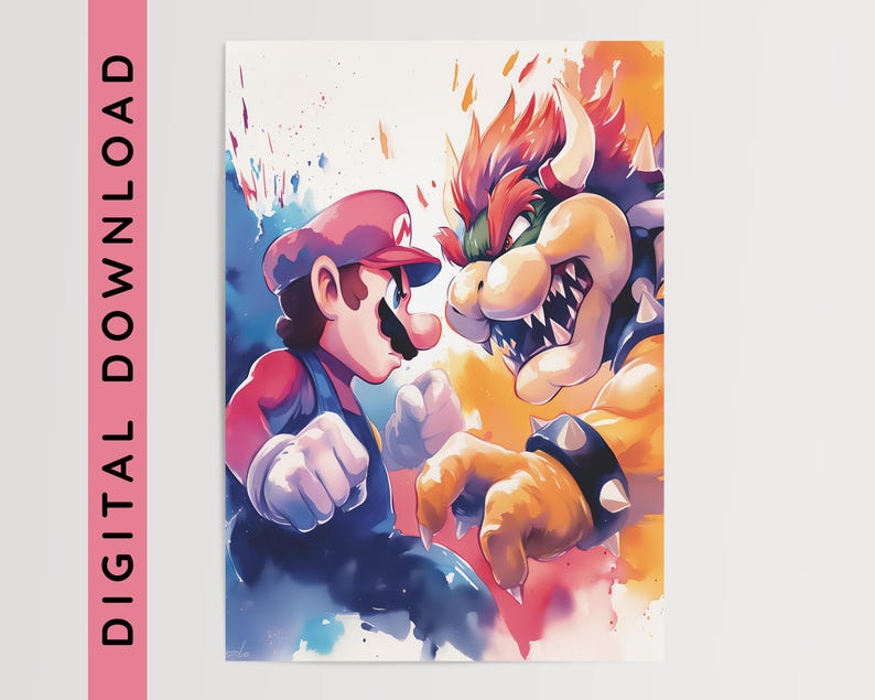 Mario Vs Bowser, Watercolour Art Super Mario Art Printable Wall Art ...