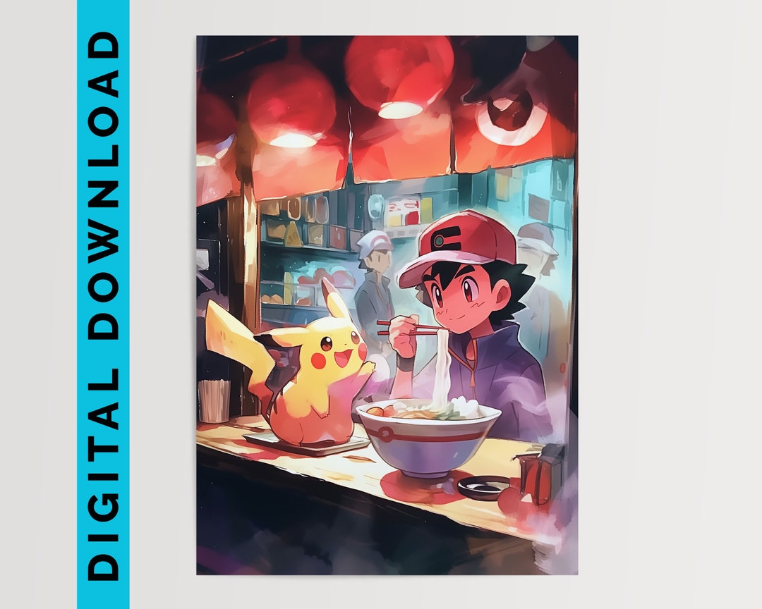 Ash & Pikachu ramen Series Pokémon Style Art Printable Wall Art Digital ...
