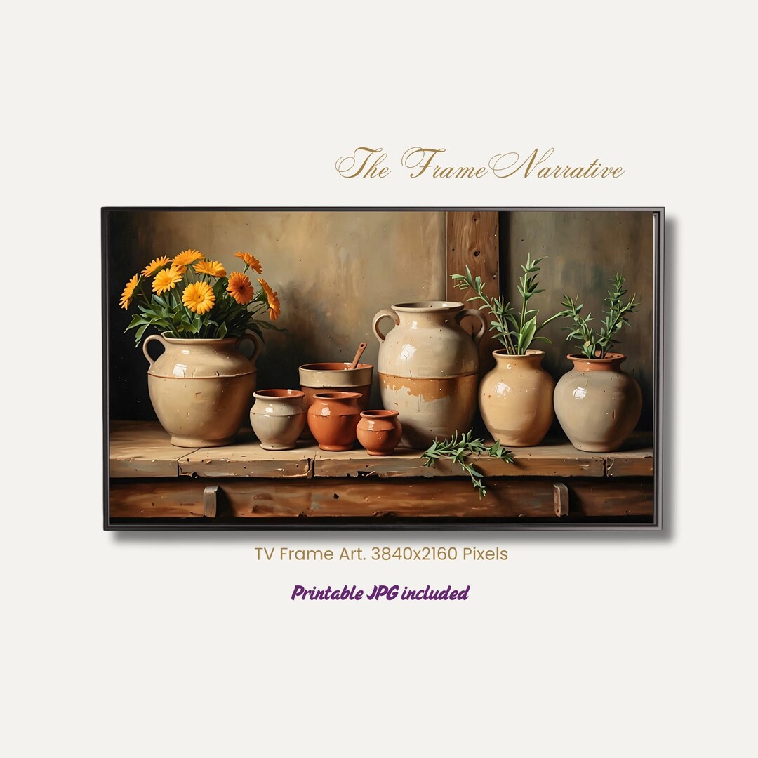 Vintage Rustic Floral Still Life Painting Terracotta Vase With Blooms ...