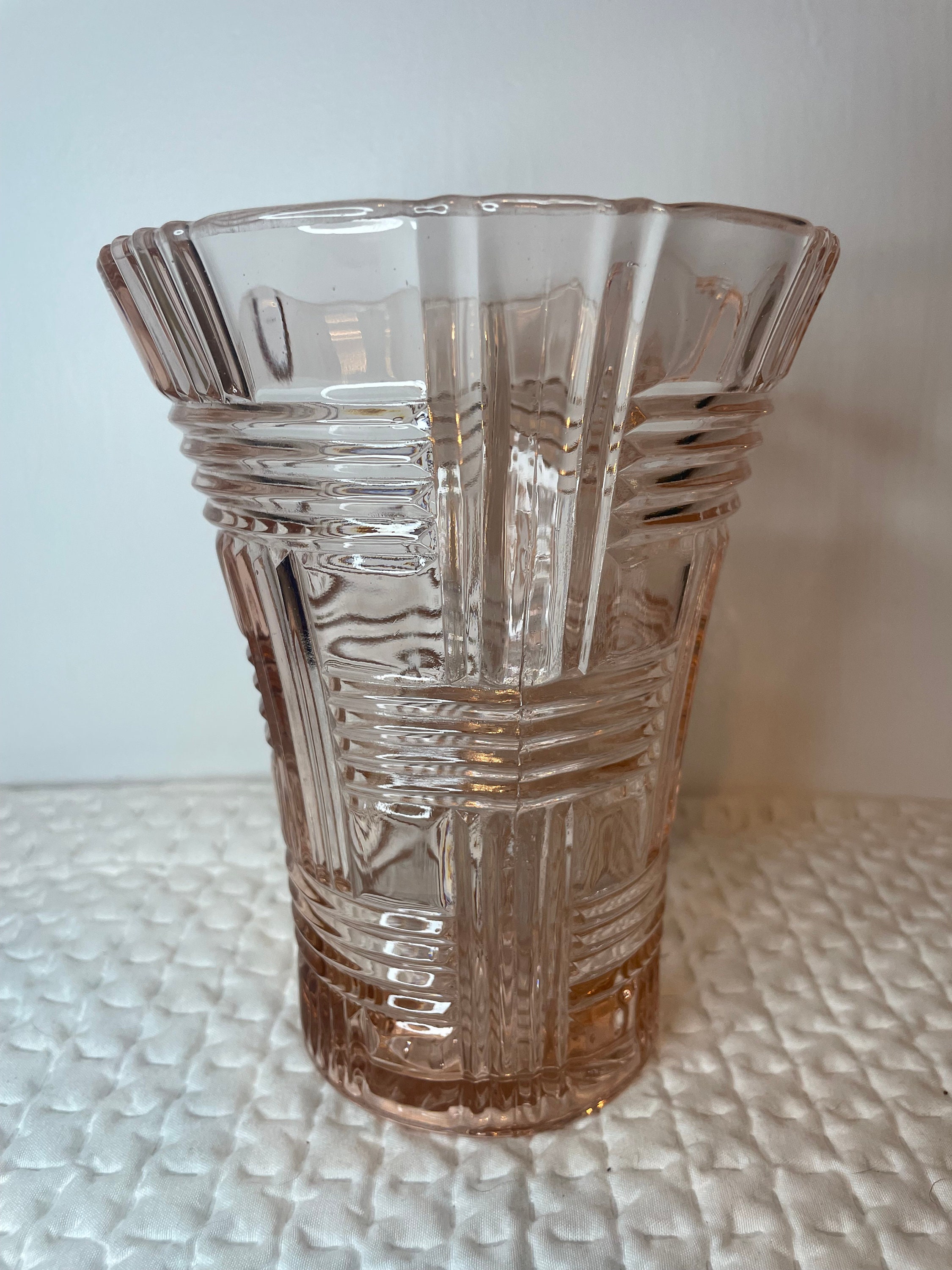 Pink Depression Glass Vase Basket Weave - Etsy