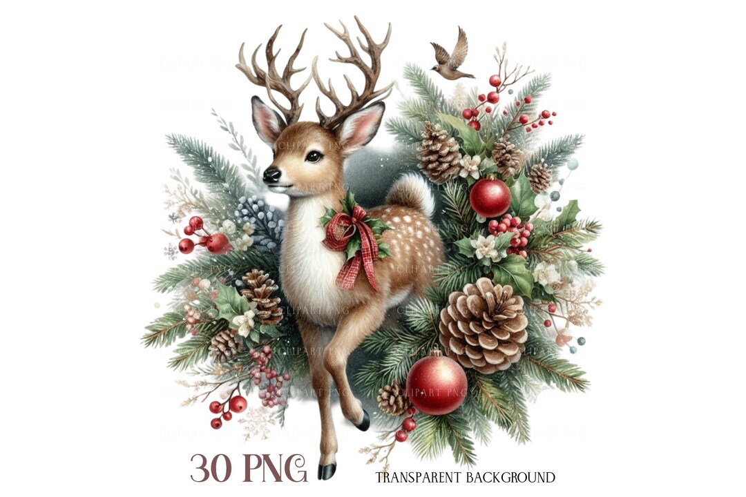 Watercolor Christmas Reindeer Clipart PNG - Winter Decoration (30 PNG ...