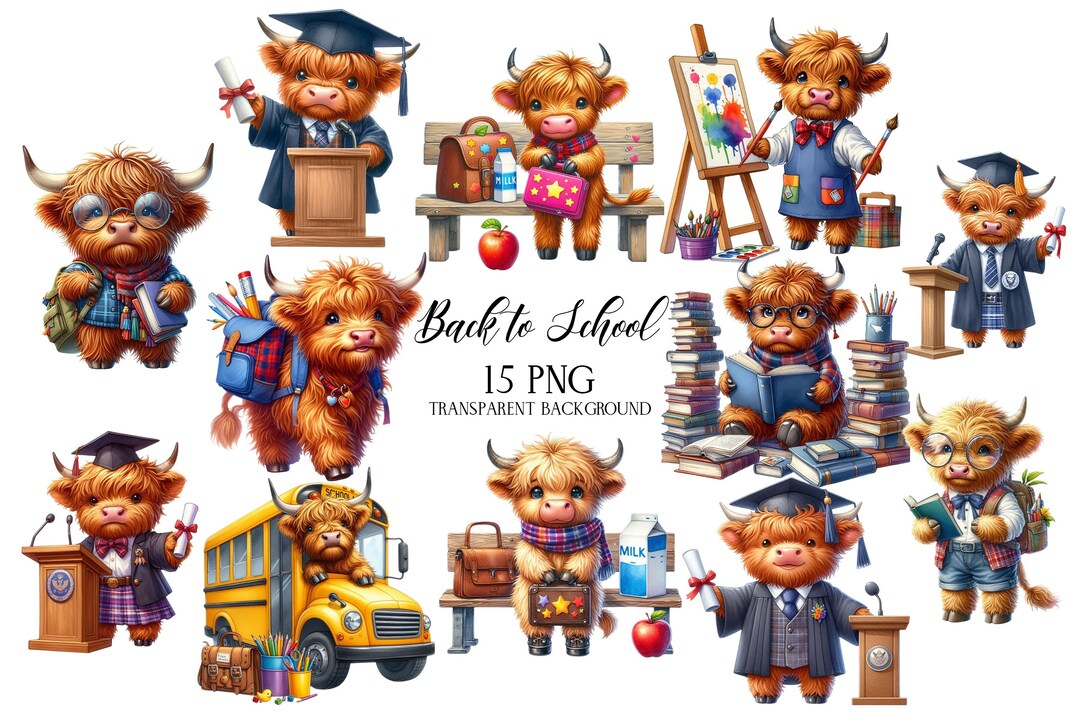 Highland Cow Clipart: Watercolor Back to School Animals (PNG) - Etsy