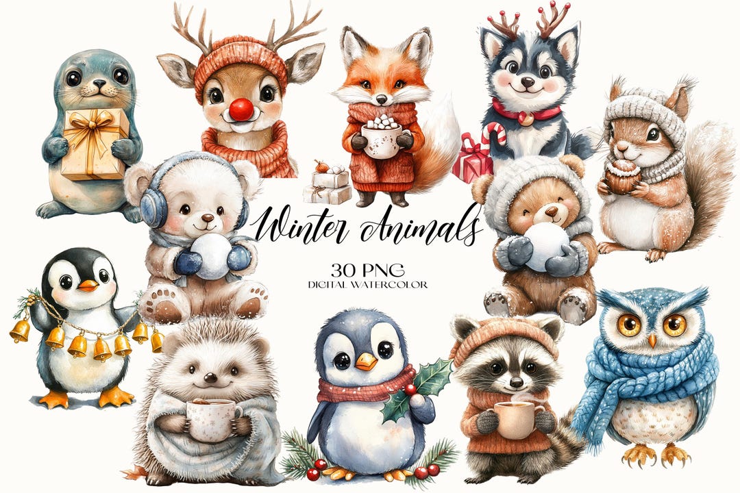 Watercolor Winter Animals Clipart: Christmas PNG Images (digital ...