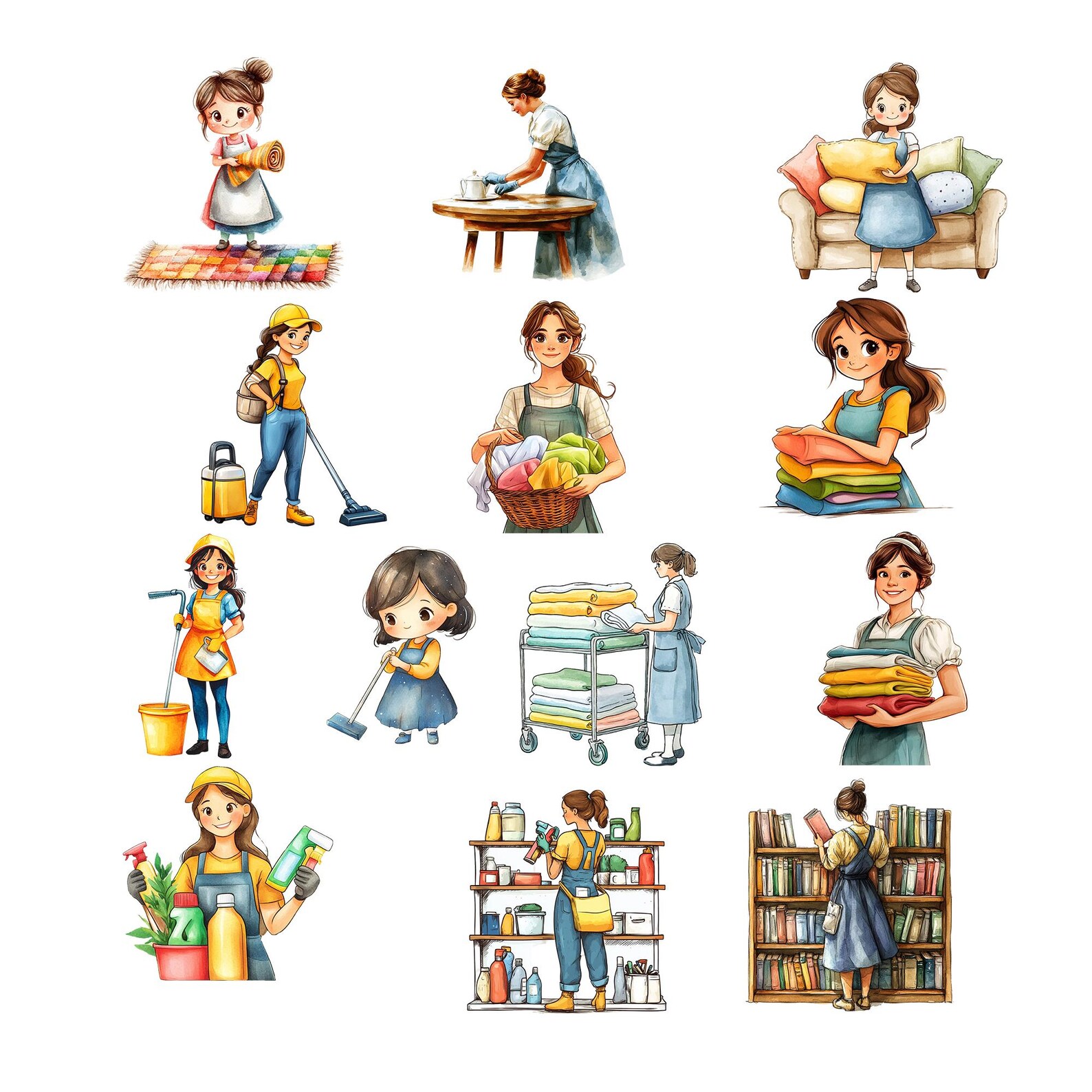 Cleaning Watercolor Clipart, Housekeeper Clipart, Housework Clipart ...