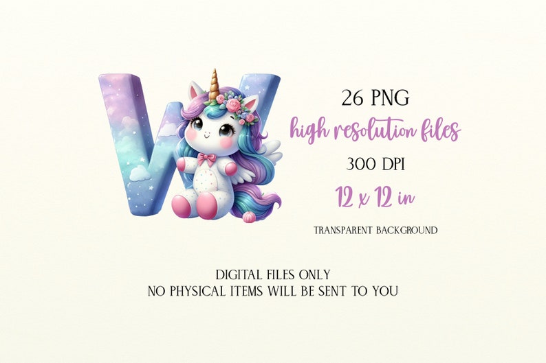 Rainbow Unicorn Alphabet PNG, Colorful Unicorn Alphabet Nursery, Cute ...