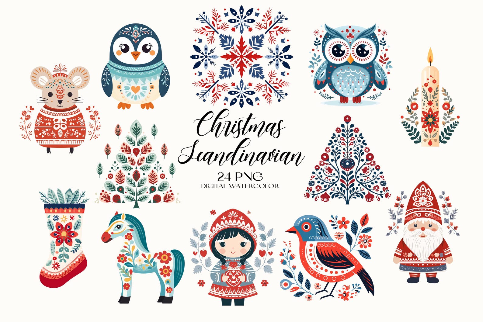 Christmas Scandinavian Clipart: Watercolor Winter PNG (digital Download ...
