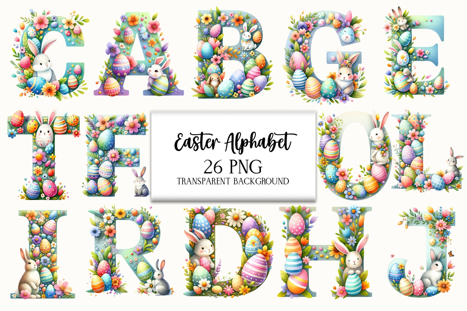 Watercolor Easter Bunny Alphabet Clipart PNG, Colorful Easter Alphabet ...