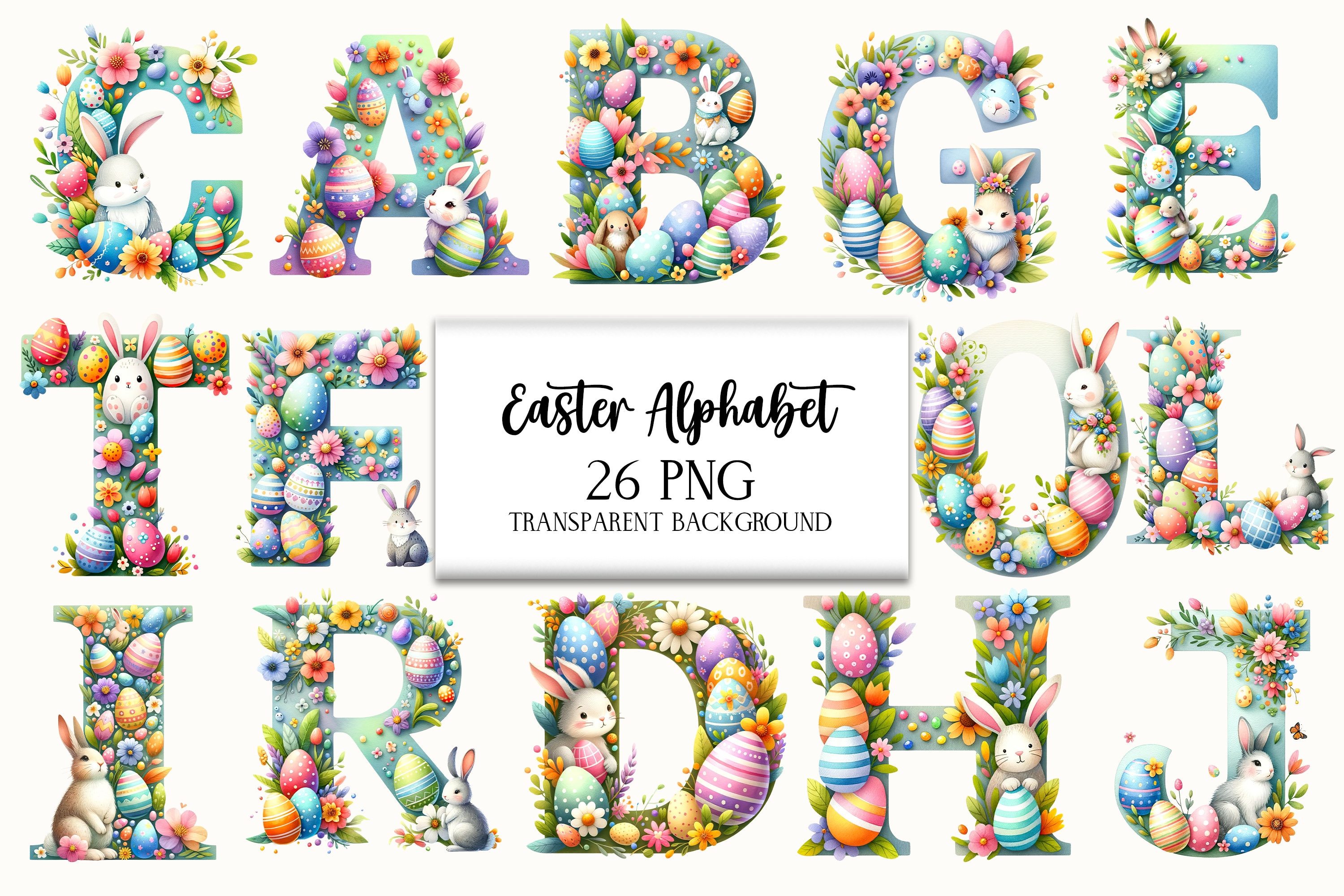 Watercolor Easter Bunny Alphabet Clipart PNG, Colorful Easter Alphabet ...