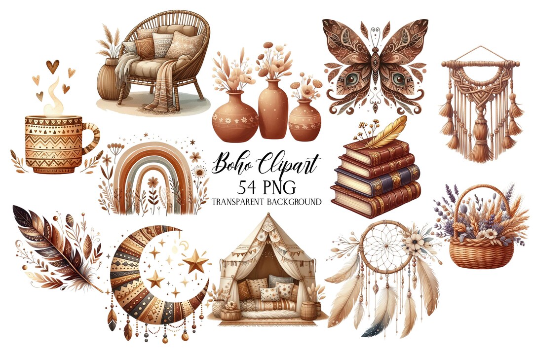 Watercolor Boho Clipart Bundle, PNG Images, Scrapbooking (54 Files) - Etsy