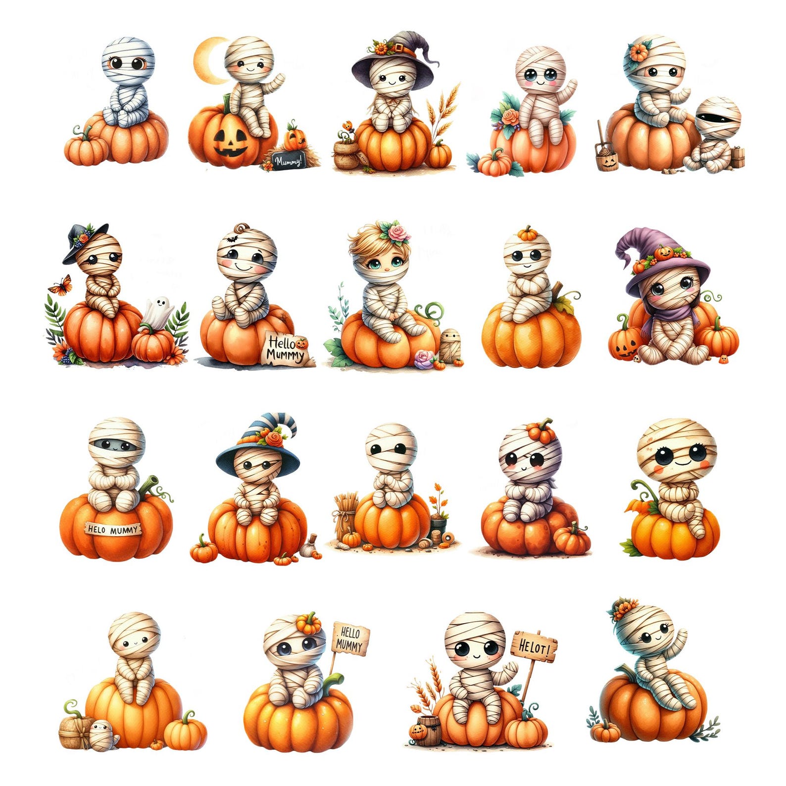Watercolor Halloween Mummy Clipart: Cartoon PNG Images (38 Files) - Etsy