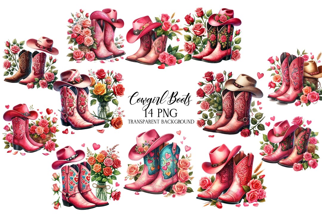 Pink Cowgirl Boots Clipart, Romantic Boots PNG, Wedding Clipart PNG ...