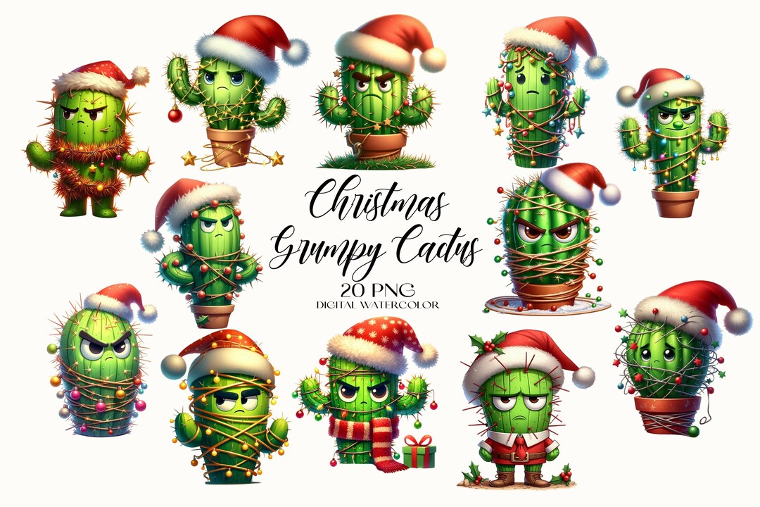 Christmas Cactus Clipart: Grumpy Watercolor PNG Images (digital ...