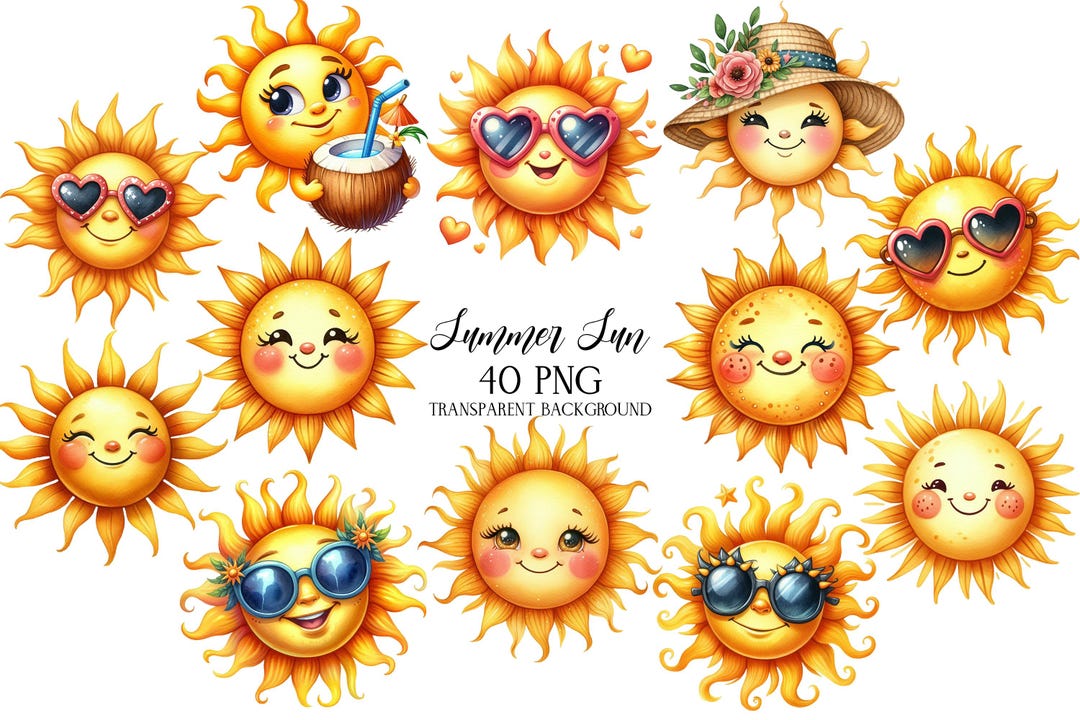 Watercolor Summer Sun Clipart, Holiday Vacation Clipart, Summer Nature ...