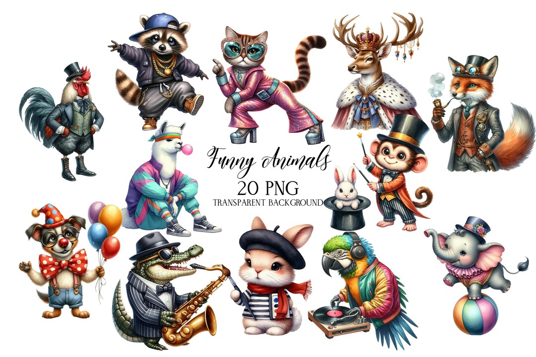 Funky Dressed up Animals Animals Clipart, Funny Animals PNG, Watercolor ...