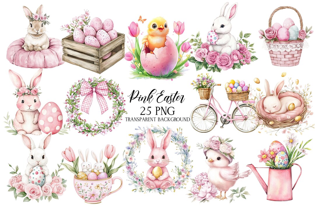 Pink Easter Bunny Clipart, Spring PNG Set (digital Download - Etsy