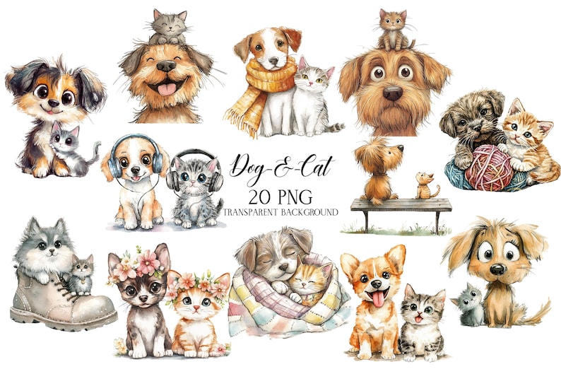 Cute Dog and Cat Clipart, Dog and Cat Life PNG, Animals Illustrations ...