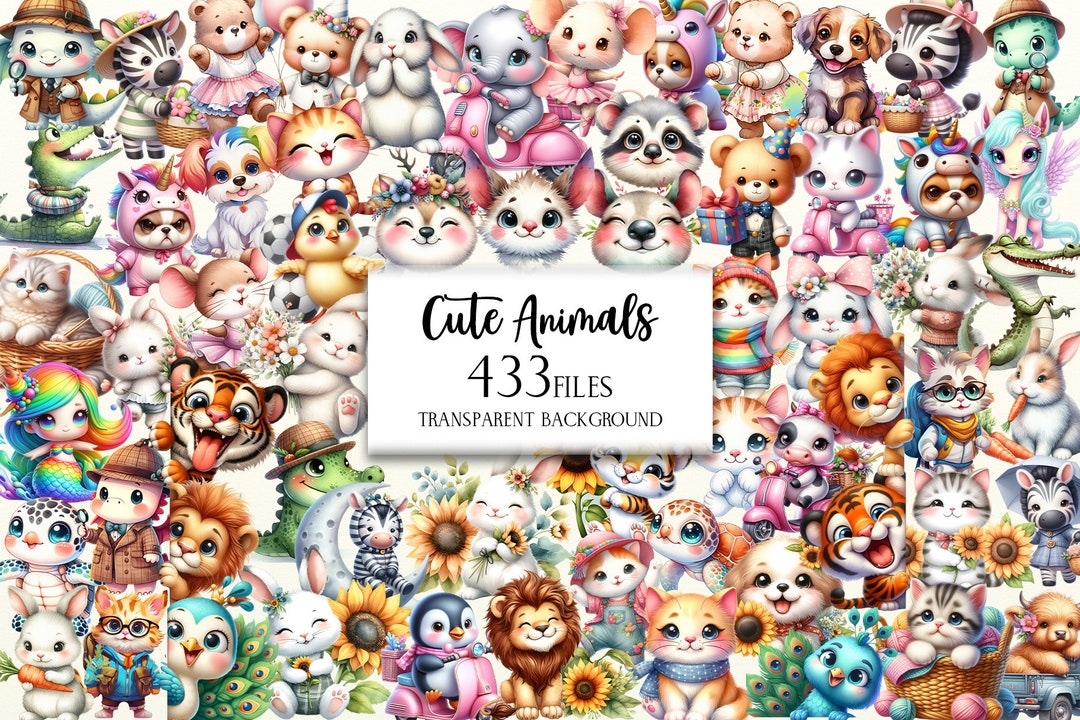 Baby Animals Clipart, Cute Little Animals Bundle, 400 PNG Cartoon ...
