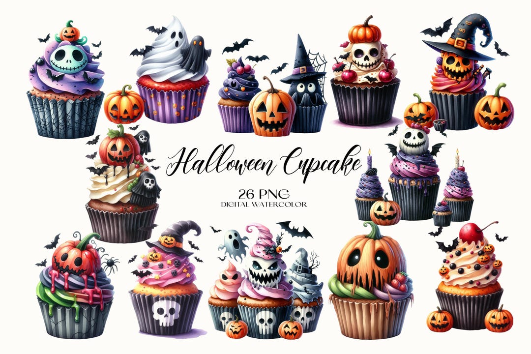 Watercolor Halloween Cupcake Clipart: 26 PNG Files (digital Download - Etsy