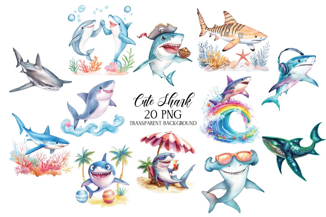 Watercolor Shark Clipart, Ocean Animals PNG (digital Download) - Etsy