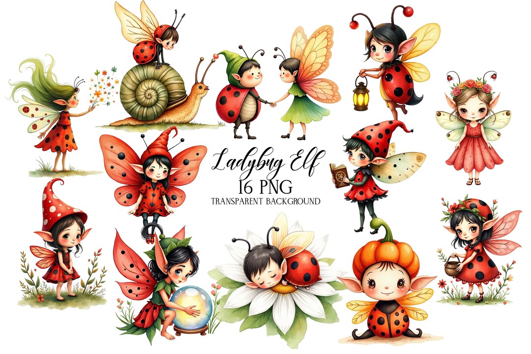 Cute Ladybug Elf Clipart, Elves PNG, Elf Illustrations PNG, Watercolor ...