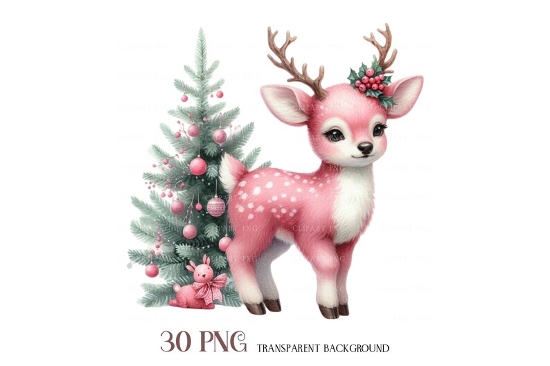 Pink Christmas Deer Clipart: Watercolor Winter PNG (30 Files, 300 DPI ...