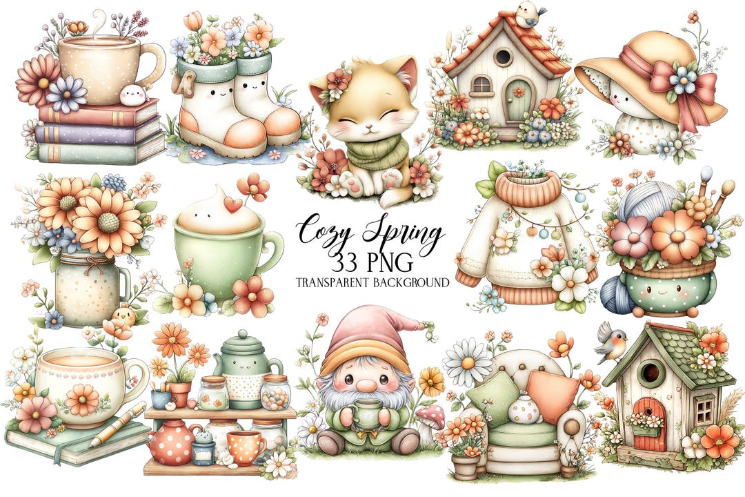 Cozy Spring Floral Clipart Set, PNG Graphics (33 Files) - Etsy