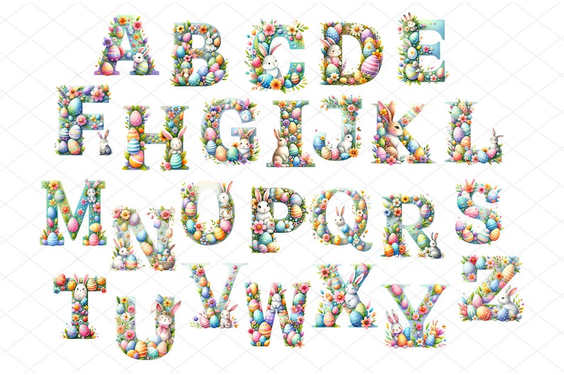 Watercolor Easter Alphabet Clipart: Bunny & Eggs PNG (digital Download ...