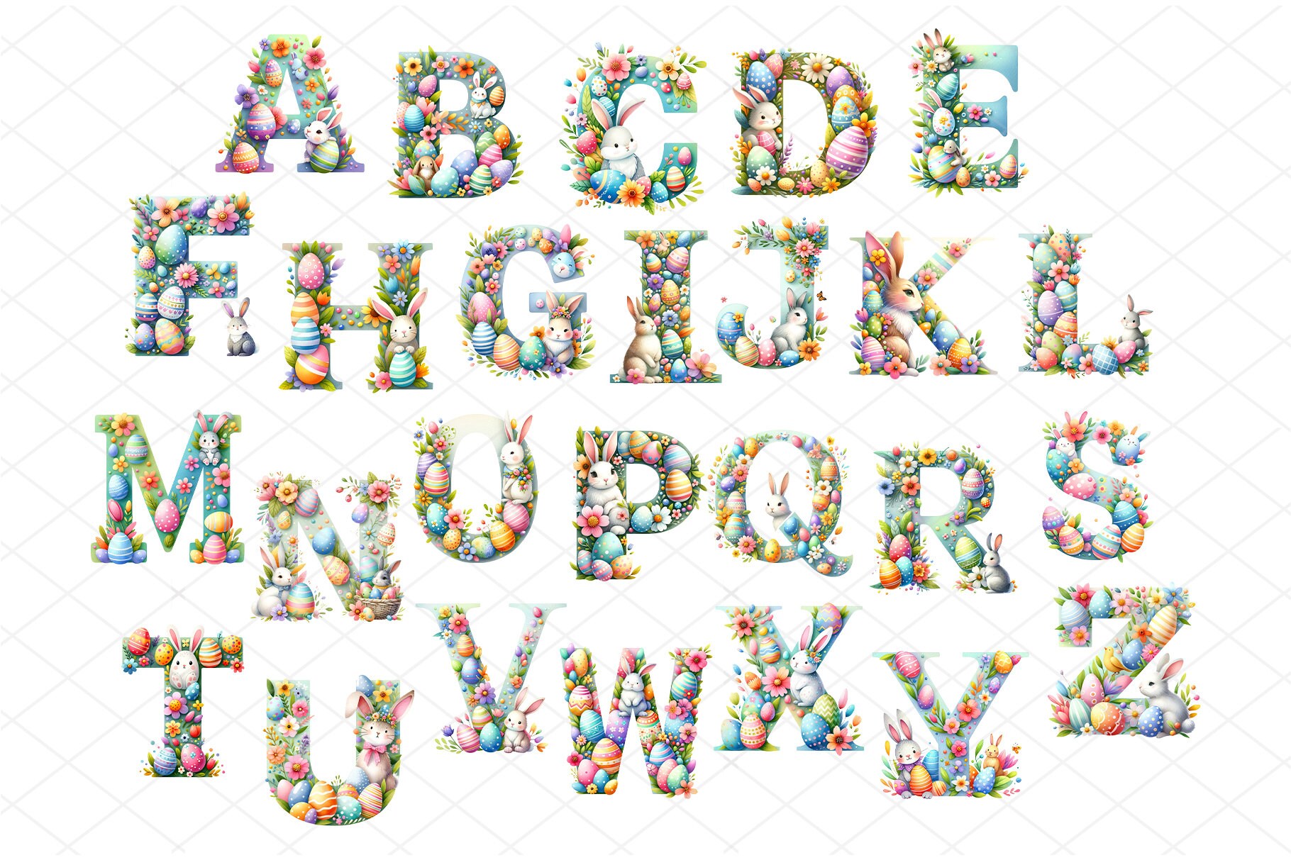 Watercolor Easter Bunny Alphabet Clipart PNG, Colorful Easter Alphabet ...
