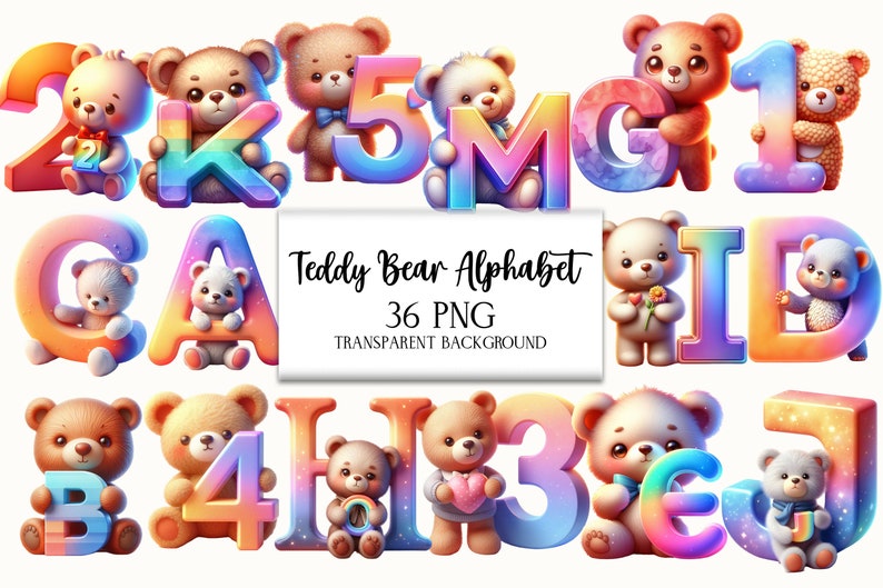 Teddy Bear Rainbow Alphabet Clipart: 36 PNG Letters & Numbers (digital ...