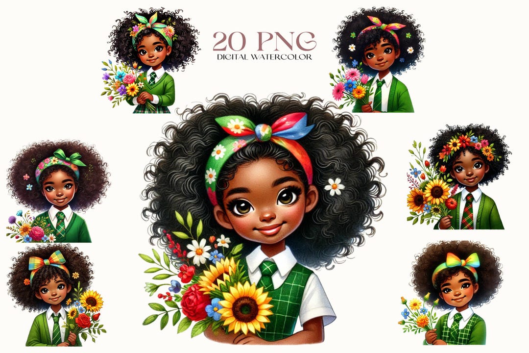 Afro Girl Clipart, Watercolor Cute Girl PNG, Girl Party Clipart ...