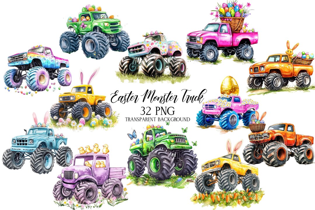 Watercolor Easter Monster Truck Clipart, Rainbow Truck PNG (digital ...