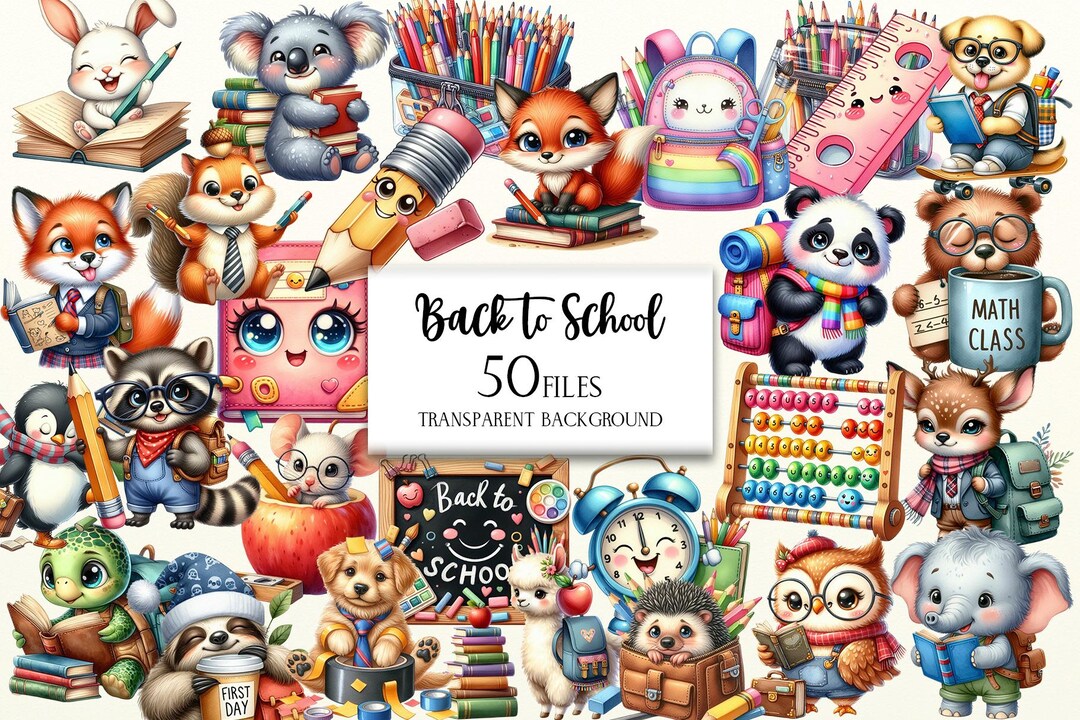 Back to School Bundle Clipart, Cute Animals PNG, Watercolor Back to ...