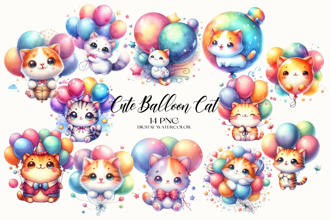 Birthday Balloon Cat Clipart, Little Cat PNG, Watercolor Cartoon ...
