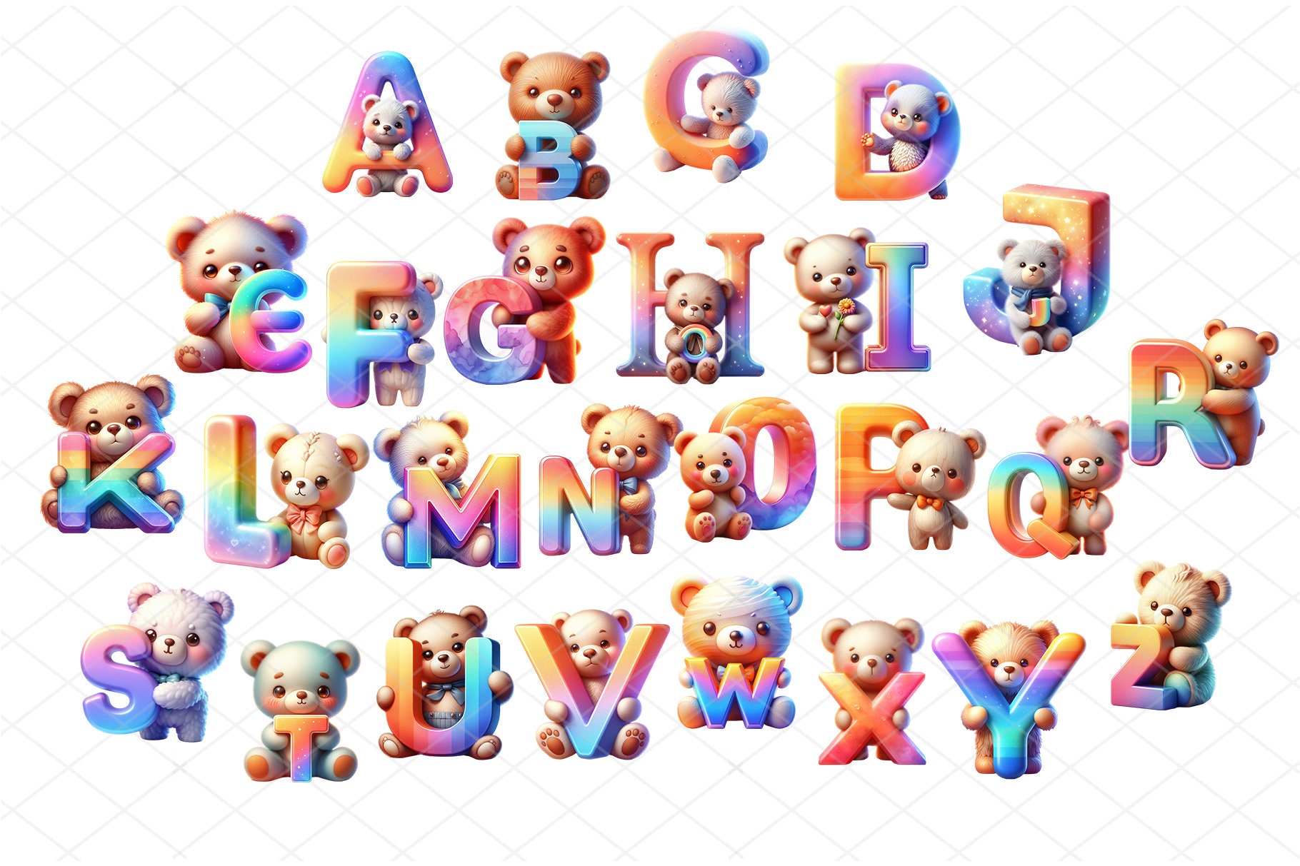 Teddy Bear Rainbow Alphabet Clipart, 36 PNG Colorful Teddy Bear ...