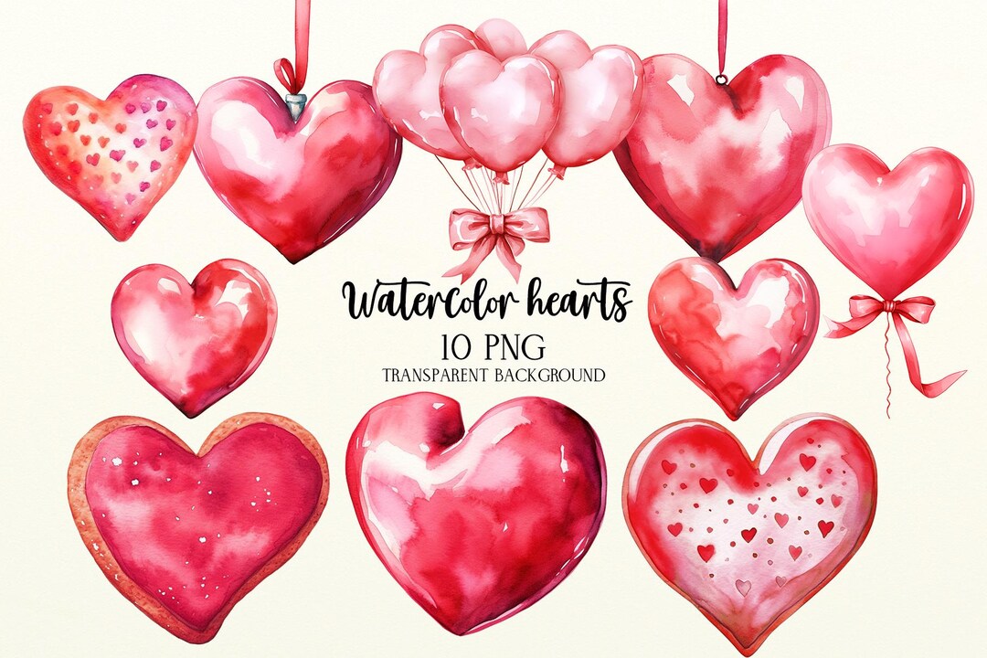 Watercolor Hearts Clipart PNG, Valentine's Day Clipart PNG, 10 PNG Red ...