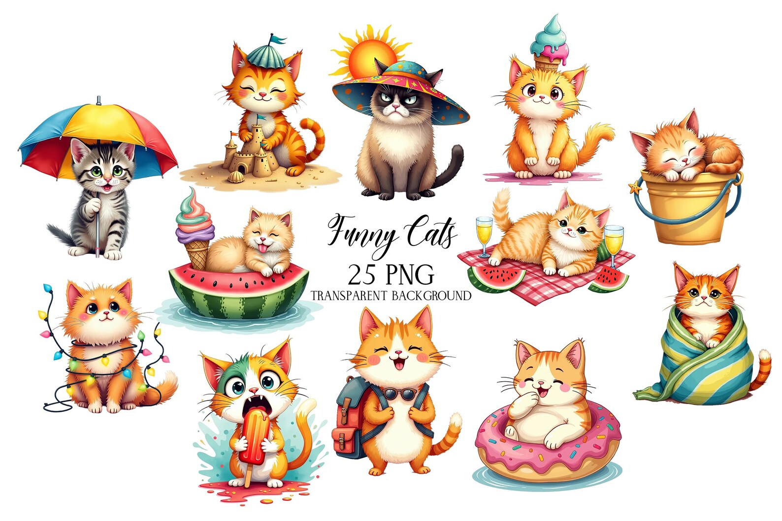 Watercolor Funny Cats Clipart, PNG Illustrations (digital Download) - Etsy