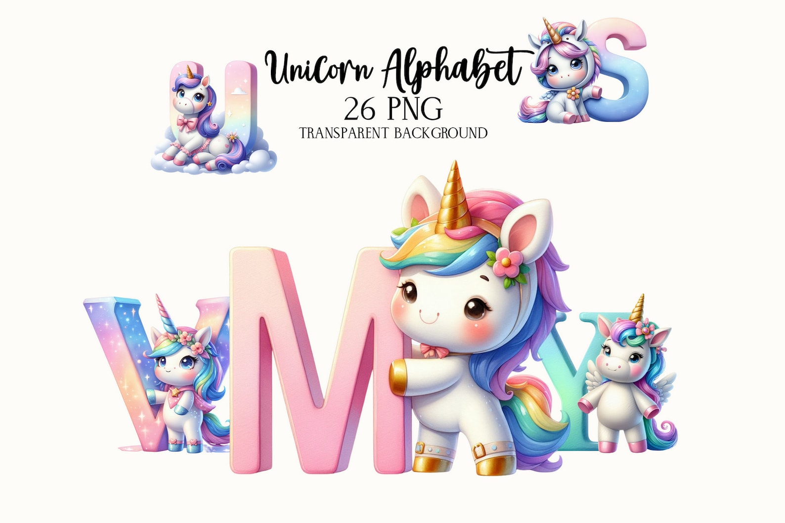 Rainbow Unicorn Alphabet PNG, Colorful Unicorn Alphabet Nursery, Cute ...