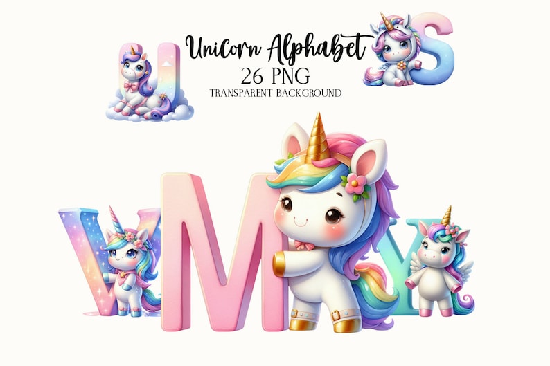 Rainbow Unicorn Alphabet PNG, Colorful Unicorn Alphabet Nursery, Cute ...