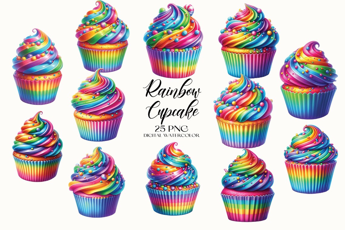Rainbow Cupcake Clipart: Watercolor Birthday PNG (digital Download) - Etsy