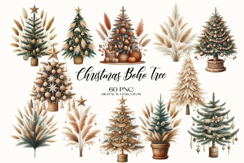 Boho Christmas Tree Clipart: Watercolor PNG Bundle (digital Download ...