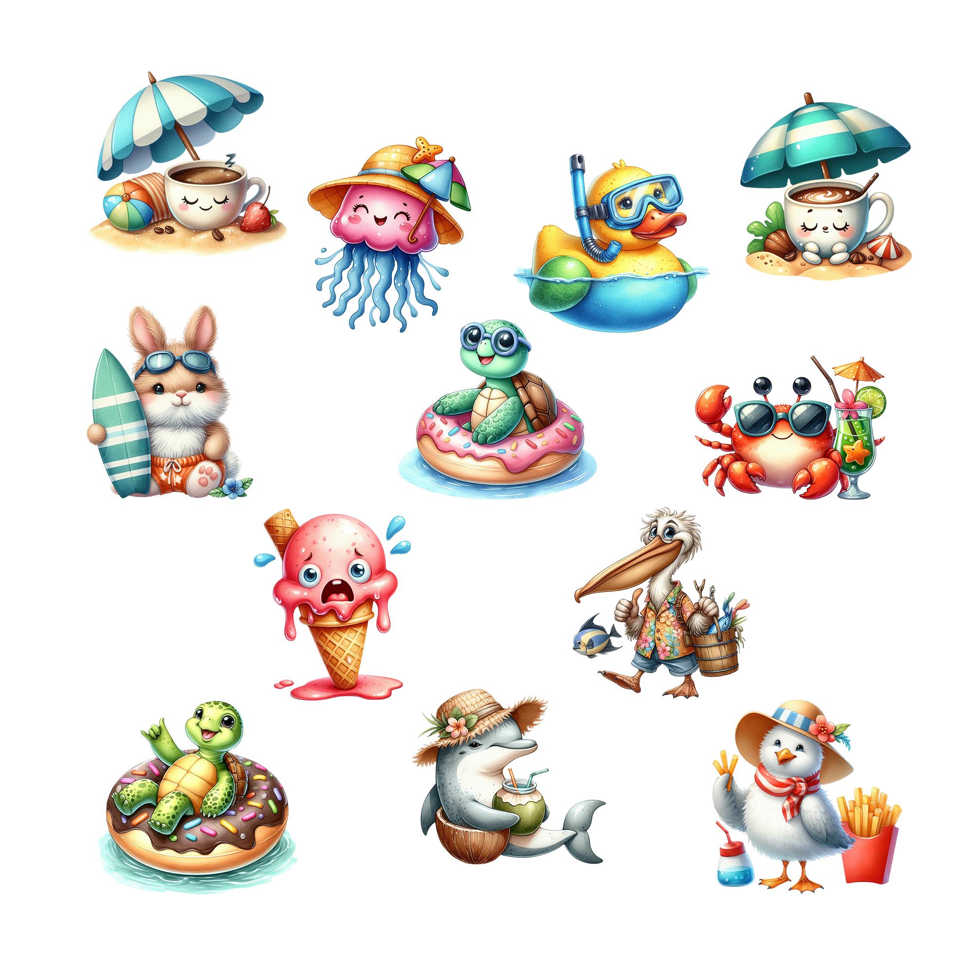 Funny Beach Animals Clipart: Summer PNG Illustrations (digital Download ...