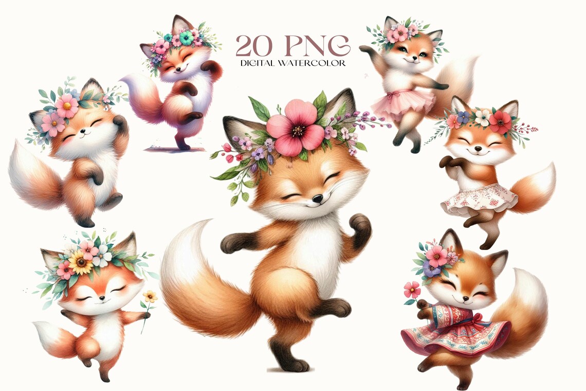 Cute Dancing Fox Clipart, Little Animals PNG, Watercolor Cartoon Clipart, Baby Animals Clipart ...