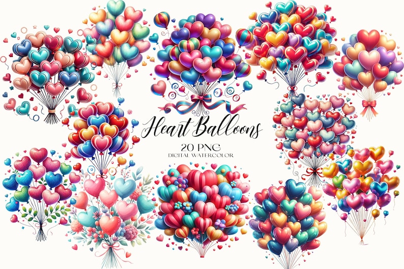 Birthday Balloons Clipart, Heart Balloons PNG, Watercolor Cartoon ...