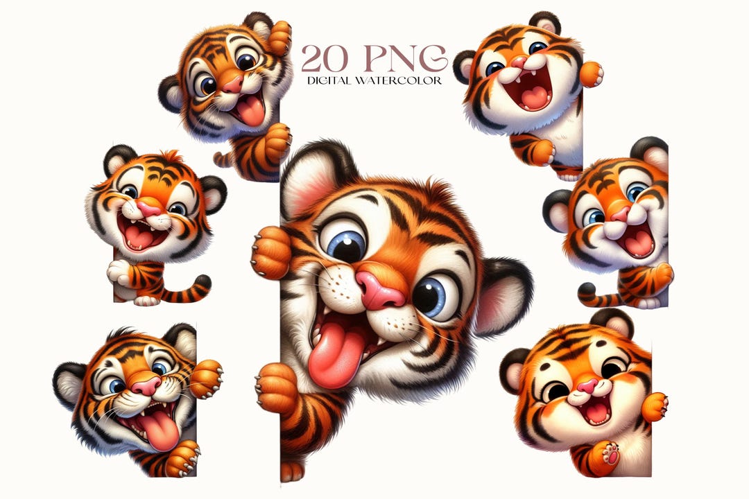 Cute Tiger Clipart, Watercolor Cartoon Animals PNG (digital Download ...