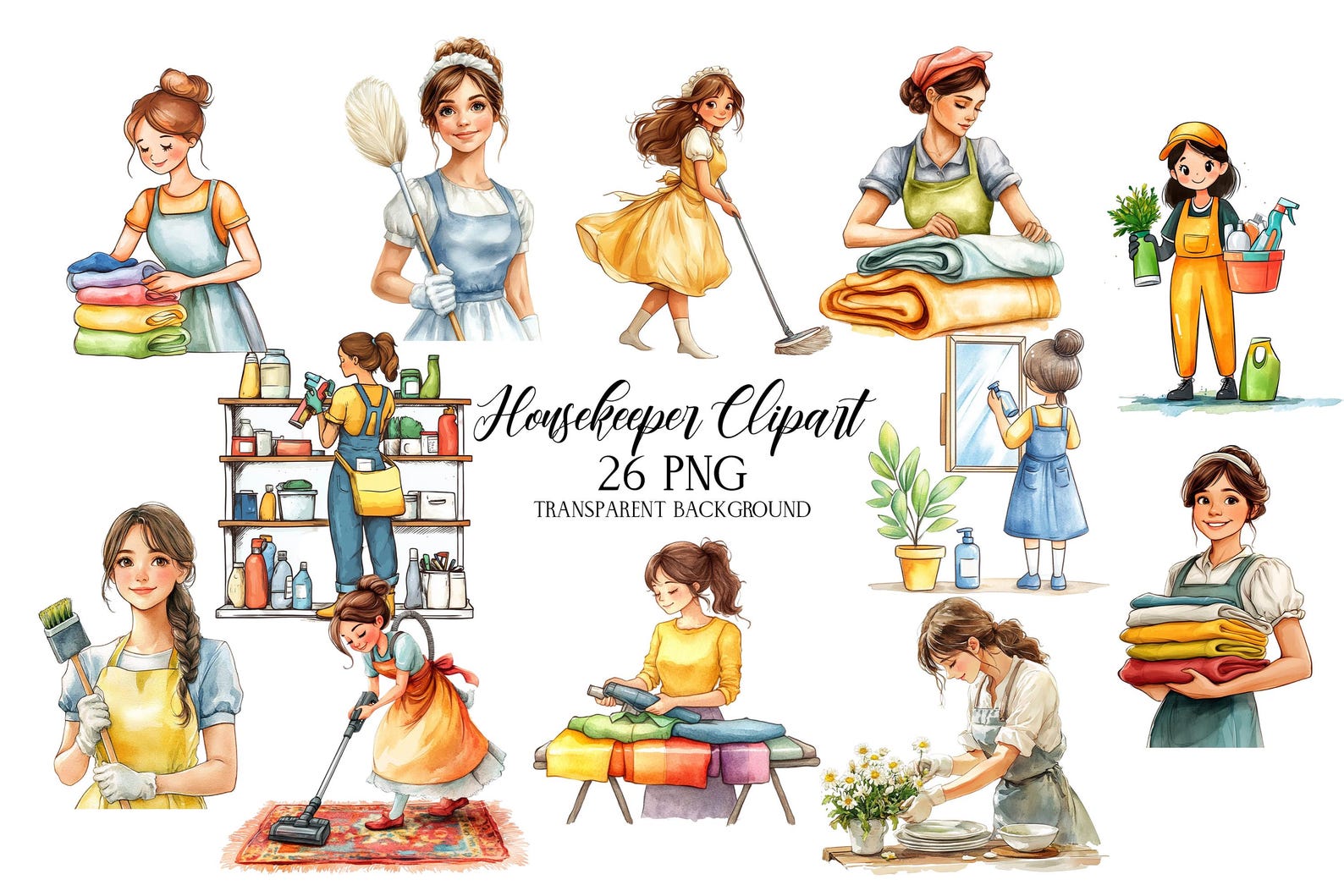 Cleaning Watercolor Clipart, Housekeeper Clipart, Housework Clipart ...